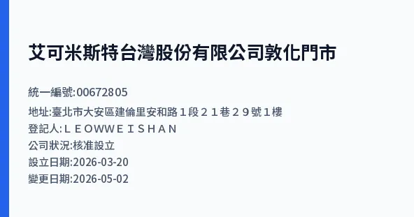 艾可米斯特台灣股份有限公司敦化門市的照片-統編 00672805(臺北市) 公司登記資料與營業項目詳細圖表