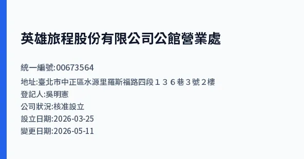 英雄旅程股份有限公司公館營業處的照片-統編 00673564(臺北市) 公司登記資料與營業項目詳細圖表