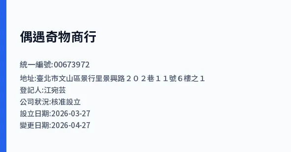 偶遇奇物商行的照片-統編 00673972(臺北市) 公司登記資料與營業項目詳細圖表