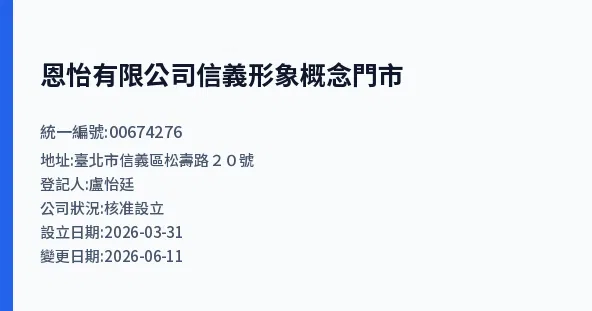 恩怡有限公司信義形象概念門市的照片-統編 00674276(臺北市) 公司登記資料與營業項目詳細圖表