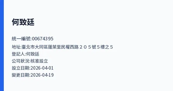 何致廷的照片-統編 00674395(臺北市) 公司登記資料與營業項目詳細圖表