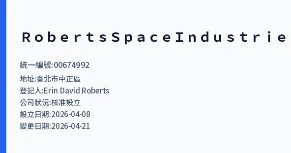 Roberts Space Industries International Limited的照片-統編 00674992(臺北市) 公司登記資料與營業項目詳細圖表