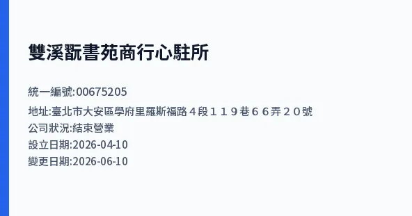 雙溪翫書苑商行心駐所的照片-統編 00675205 公司登記資料與營業項目詳細圖表