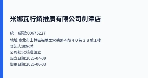 米娜瓦行銷推廣有限公司劍潭店的照片-統編 00675227(臺北市) 公司登記資料與營業項目詳細圖表