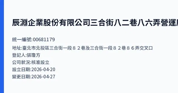 辰淵企業股份有限公司三合街八二巷八六弄營運所的照片-統編 00681179(臺北市) 公司登記資料與營業項目詳細圖表