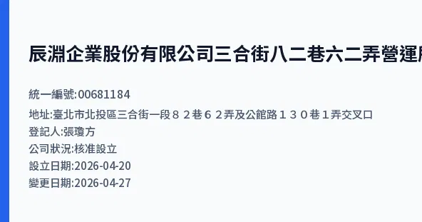 辰淵企業股份有限公司三合街八二巷六二弄營運所的照片-統編 00681184(臺北市) 公司登記資料與營業項目詳細圖表