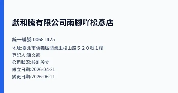 獻和騰有限公司兩腳吖松彥店的照片-統編 00681425(臺北市) 公司登記資料與營業項目詳細圖表