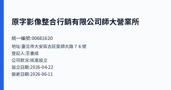原字影像整合行銷有限公司師大營業所的照片-統編 00681620(臺北市) 公司登記資料與營業項目詳細圖表