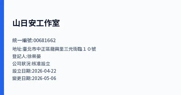 山日安工作室的照片-統編 00681662(臺北市) 公司登記資料與營業項目詳細圖表