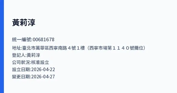 黃莉淳的照片-統編 00681678(臺北市) 公司登記資料與營業項目詳細圖表