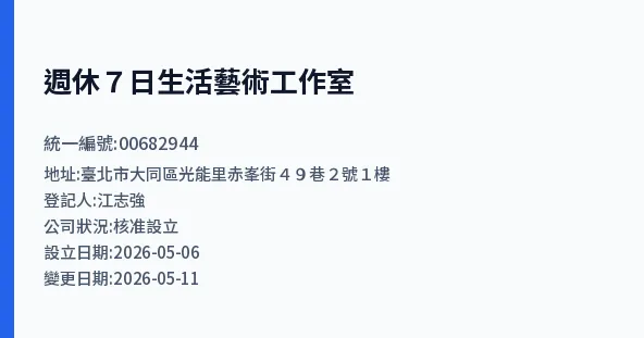 週休7日生活藝術工作室的照片-統編 00682944(臺北市) 公司登記資料與營業項目詳細圖表