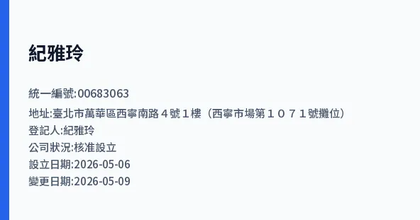 紀雅玲的照片-統編 00683063(臺北市) 公司登記資料與營業項目詳細圖表