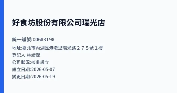 好食坊股份有限公司瑞光店的照片-統編 00683198(臺北市) 公司登記資料與營業項目詳細圖表