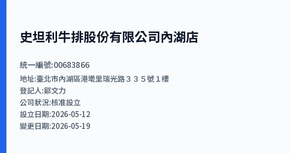 史坦利牛排股份有限公司內湖店的照片-統編 00683866(臺北市) 公司登記資料與營業項目詳細圖表