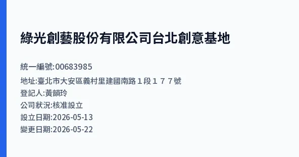 綠光創藝股份有限公司台北創意基地的照片-統編 00683985(臺北市) 公司登記資料與營業項目詳細圖表