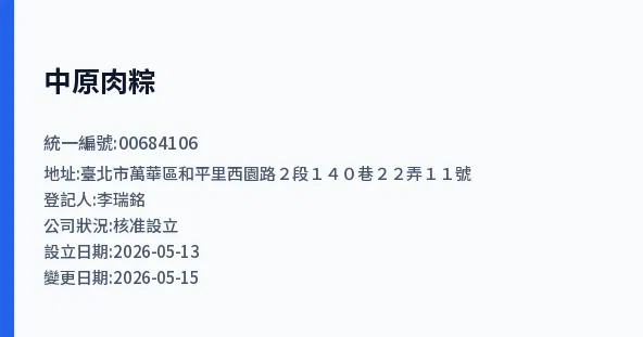 中原肉粽的照片-統編 00684106(臺北市) 公司登記資料與營業項目詳細圖表