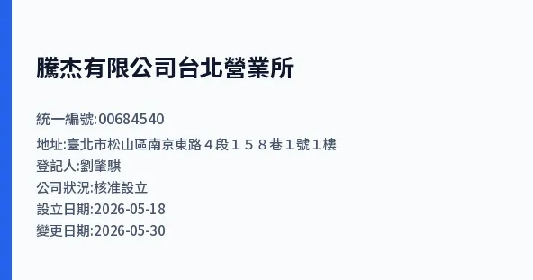 騰杰有限公司台北營業所的照片-統編 00684540(臺北市) 公司登記資料與營業項目詳細圖表