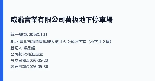 威瀧實業有限公司萬板地下停車場的照片-統編 00685111(臺北市) 公司登記資料與營業項目詳細圖表
