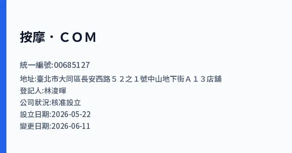按摩.COM的照片-統編 00685127(臺北市) 公司登記資料與營業項目詳細圖表