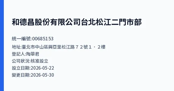 和德昌股份有限公司台北松江二門市部的照片-統編 00685153(臺北市) 公司登記資料與營業項目詳細圖表