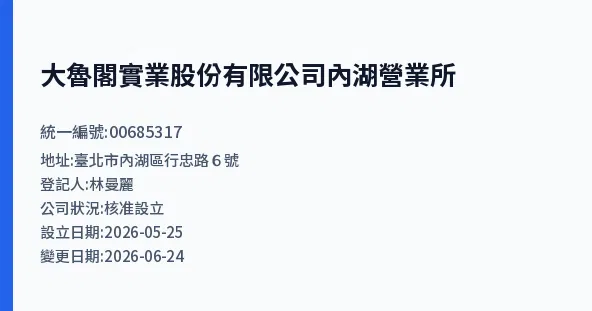大魯閣實業股份有限公司內湖營業所的照片-統編 00685317(臺北市) 公司登記資料與營業項目詳細圖表