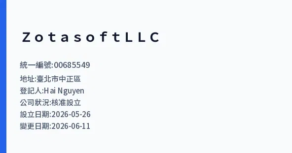 Zotasoft LLC的照片-統編 00685549(臺北市) 公司登記資料與營業項目詳細圖表