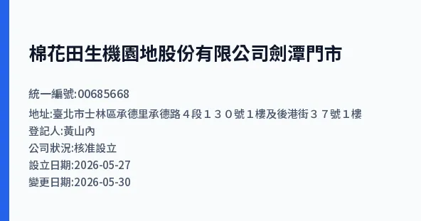 棉花田生機園地股份有限公司劍潭門市的照片-統編 00685668(臺北市) 公司登記資料與營業項目詳細圖表