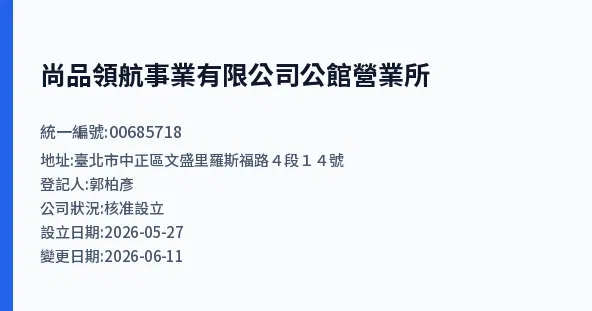尚品領航事業有限公司公館營業所的照片-統編 00685718(臺北市) 公司登記資料與營業項目詳細圖表