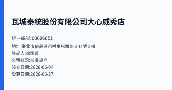 瓦城泰統股份有限公司大心威秀店的照片-統編 00686651(臺北市) 公司登記資料與營業項目詳細圖表