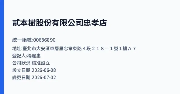 貳本樹股份有限公司忠孝店的照片-統編 00686890(臺北市) 公司登記資料與營業項目詳細圖表