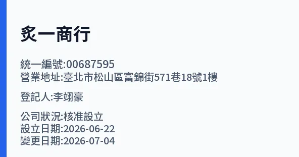炙一商行的照片-統編 00687595(臺北市) 公司登記資料與營業項目詳細圖表
