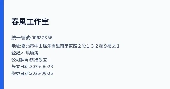 春風工作室的照片-統編 00687856(臺北市) 公司登記資料與營業項目詳細圖表