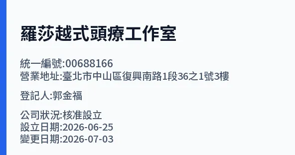 羅莎越式頭療工作室的照片-統編 00688166(臺北市) 公司登記資料與營業項目詳細圖表