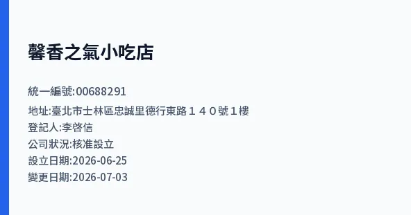 馨香之氣小吃店的照片-統編 00688291(臺北市) 公司登記資料與營業項目詳細圖表