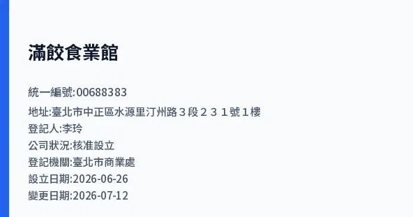 滿餃食業館的照片-統編 00688383(臺北市) 公司登記資料與營業項目詳細圖表