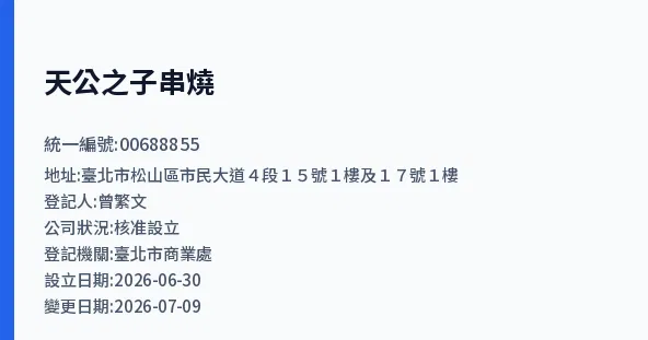 天公之子串燒的照片-統編 00688855(臺北市) 公司登記資料與營業項目詳細圖表