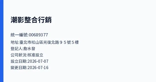 潮影整合行銷的照片-統編 00689377(臺北市) 公司登記資料與營業項目詳細圖表