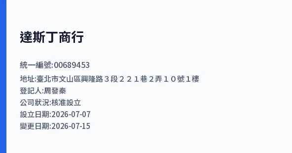 達斯丁商行的照片-統編 00689453(臺北市) 公司登記資料與營業項目詳細圖表