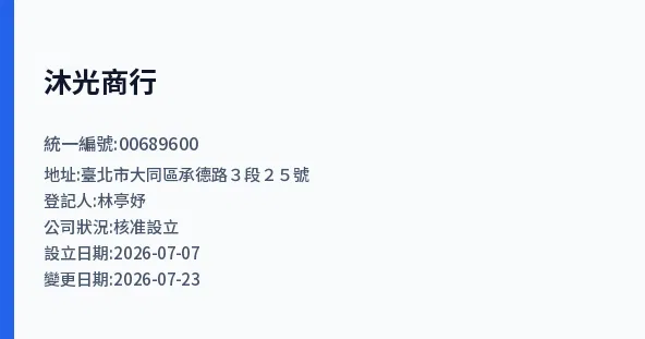 沐光商行的照片-統編 00689600(臺北市) 公司登記資料與營業項目詳細圖表