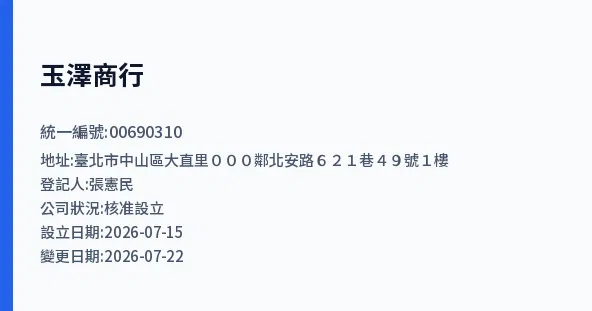 玉澤商行的照片-統編 00690310(臺北市) 公司登記資料與營業項目詳細圖表