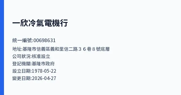 一欣冷氣電機行的照片-統編 00698631(基隆市) 公司登記資料與營業項目詳細圖表