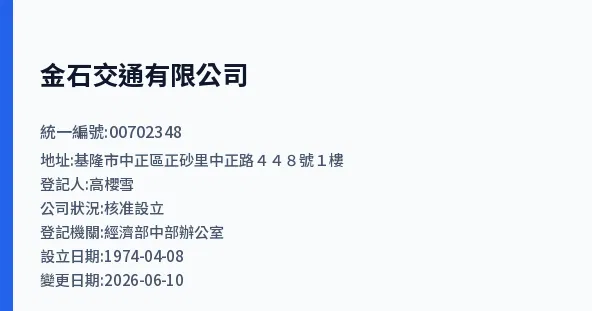 金石交通有限公司的照片-統編 00702348(基隆市) 公司登記資料與營業項目詳細圖表