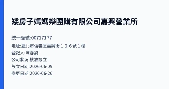 矮房子媽媽樂團購有限公司嘉興營業所的照片-統編 00717177(臺北市) 公司登記資料與營業項目詳細圖表