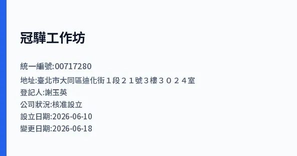 冠驊工作坊的照片-統編 00717280(臺北市) 公司登記資料與營業項目詳細圖表