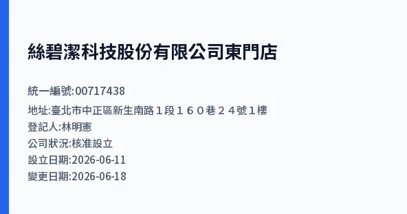 絲碧潔科技股份有限公司東門店的照片-統編 00717438(臺北市) 公司登記資料與營業項目詳細圖表