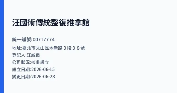 汪國術傳統整復推拿館的照片-統編 00717774(臺北市) 公司登記資料與營業項目詳細圖表