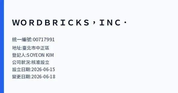 WORDBRICKS, INC.的照片-統編 00717991(臺北市) 公司登記資料與營業項目詳細圖表