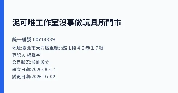 泥可唯工作室沒事做玩具所門市的照片-統編 00718339(臺北市) 公司登記資料與營業項目詳細圖表