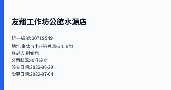 友翔工作坊公館水源店的照片-統編 00719549(臺北市) 公司登記資料與營業項目詳細圖表