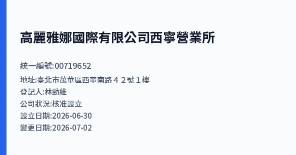 高麗雅娜國際有限公司西寧營業所的照片-統編 00719652(臺北市) 公司登記資料與營業項目詳細圖表